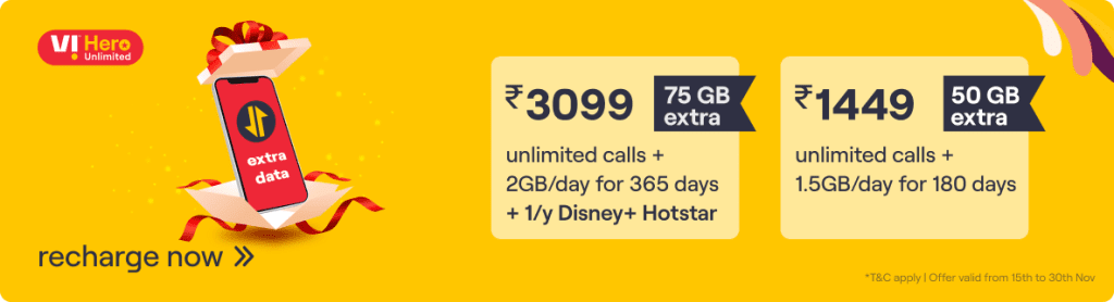 Vi Hero Unlimited Extra Data Offer, up to 75GB free data and Disney + Hotstar subscription ...